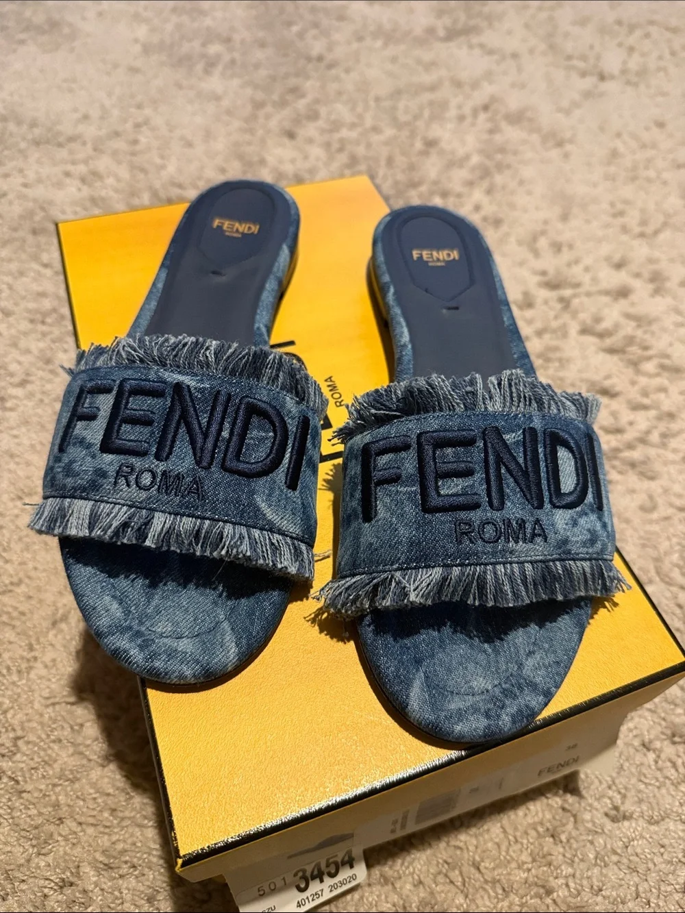 Fendi | Shoes | Fendi Sunshine Blue Denim Frayedff Logo Mule Slide ...